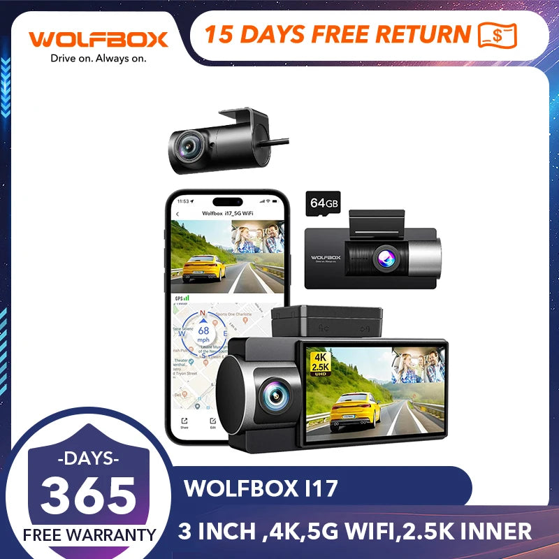 WOLFBOX 4K 3 Lens Dash Camera 3 Cameras Dashcam 5G Wifi Car DVR App Co ...