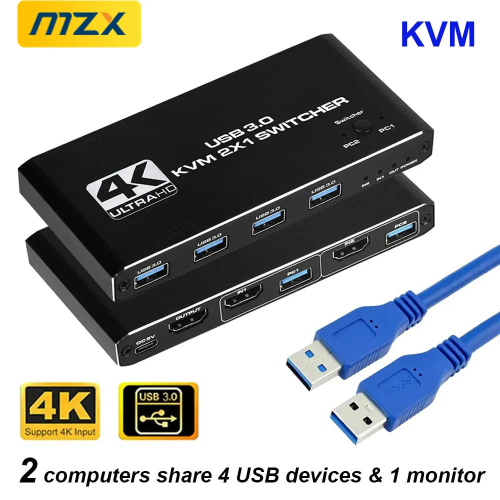 MZX KVM Switch USB 3.0 Hub Switcher 4K HDMI2.0-Compatible Selector Doc ...