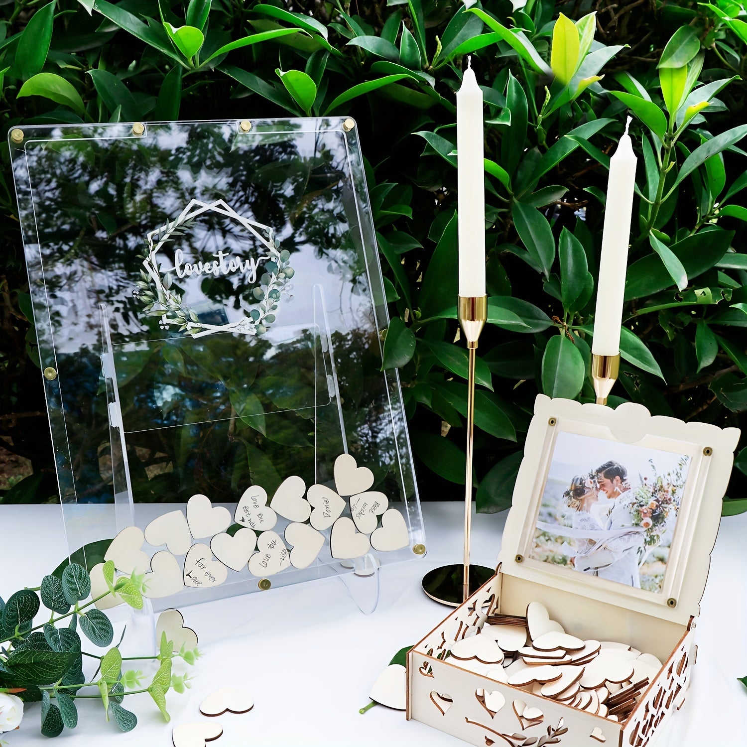 1pc, Clear Acrylic Drop Box with Stand and 100 Wooden Hearts for Weddi ...