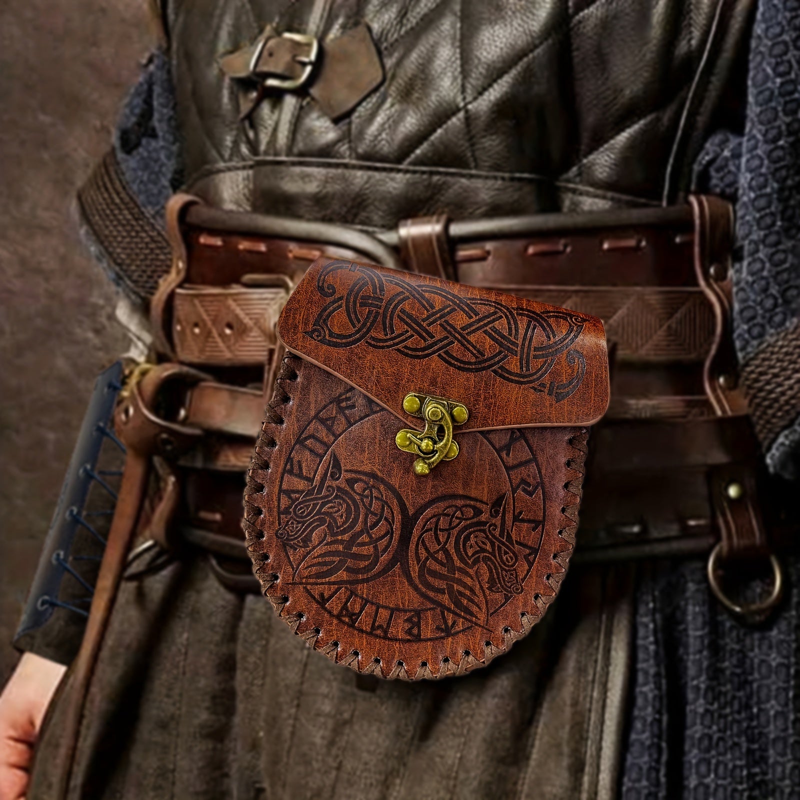 Nordic Embossed Belt Bag, Retro Medieval Faux Leather Side Pack, Vinta ...