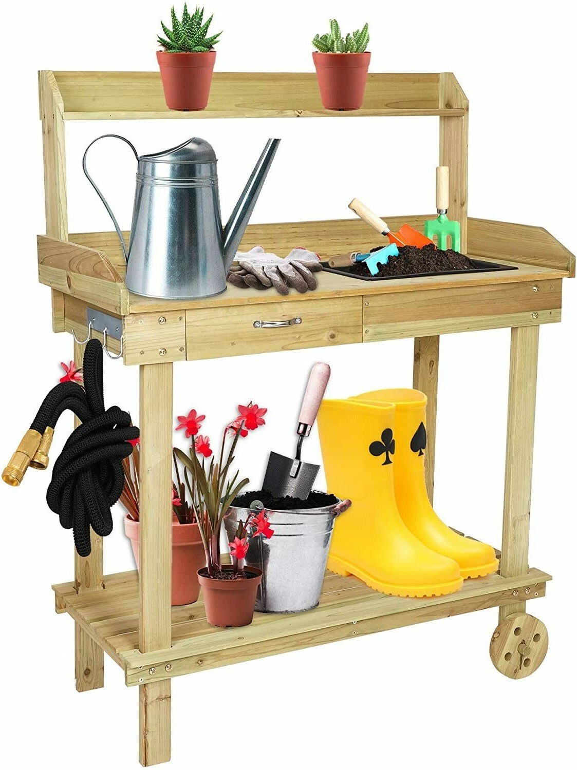 Large Spacious Outdoor Garden Wooden Potting Workbench Table With Sink ...